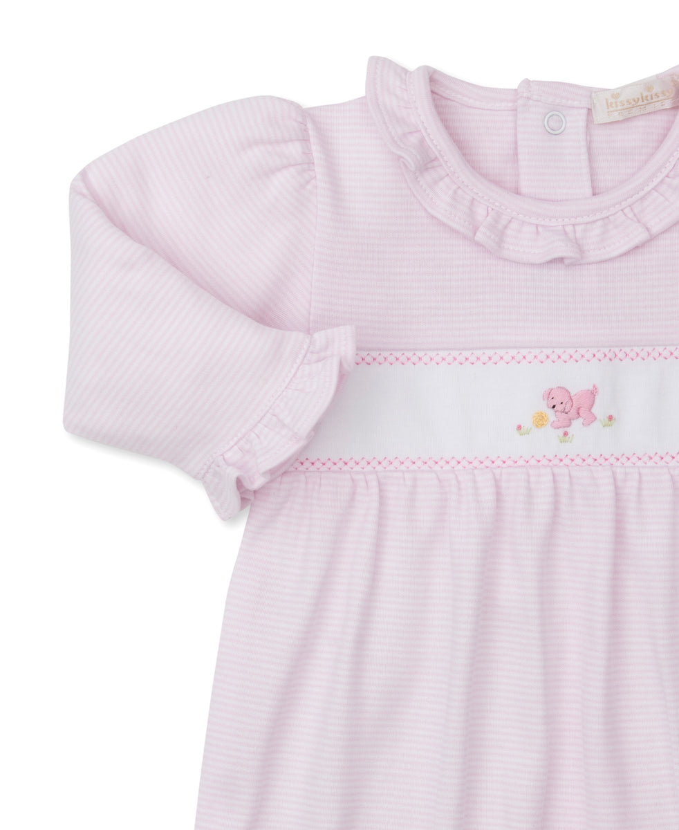 Playing Pup Ruffle Playsuit- Pink Stripe – Smock Candy
