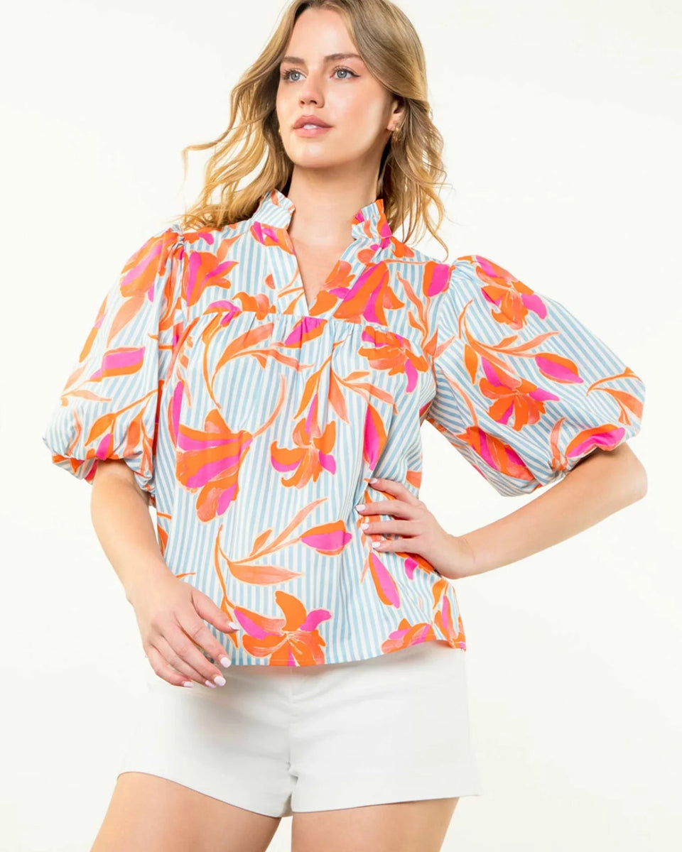 Striped Floral Puff Sleeve Top- Light Blue – Smock Candy